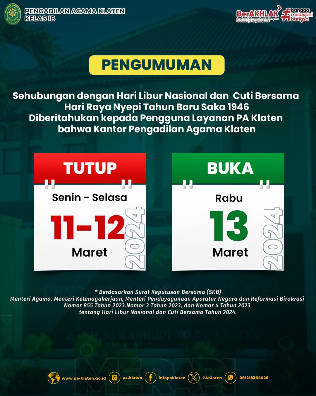 Pelayanan Tutup Hari Libur Nasional dan Cuti Bersama Hari Raya Nyepi ...