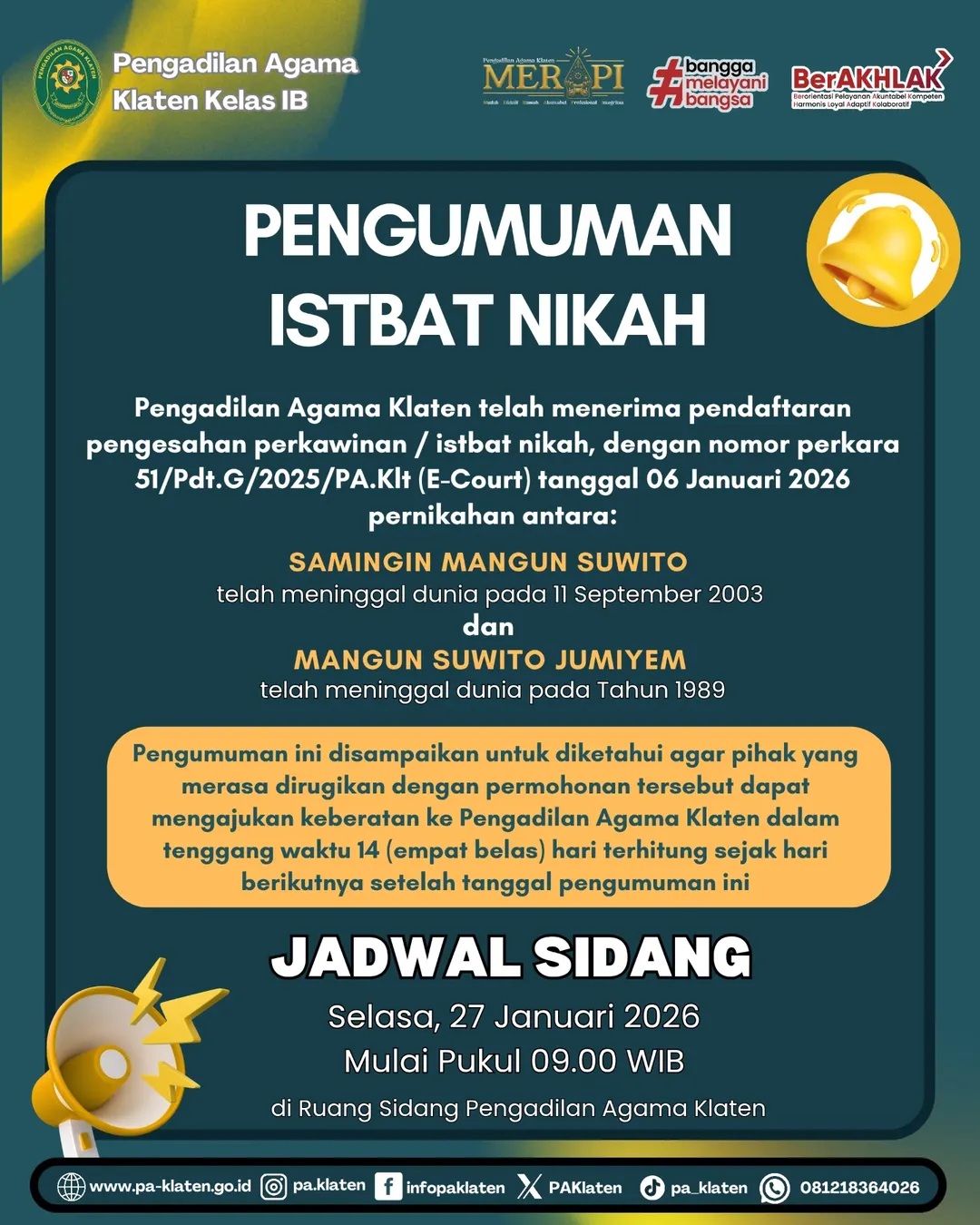 Pengumuman Sidang Pengesahan Perkawinan / Istbat Nikah Secara E-Court